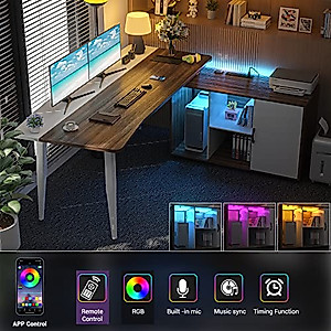 Unikito L Shaped Desk with File Cabinet and Power Outlet, 55 Inch Large Corner Computer Desks with LED Light Strip, L-Shaped Computer Desk with Door and Storage Shelves for Home Office, Walnut & White