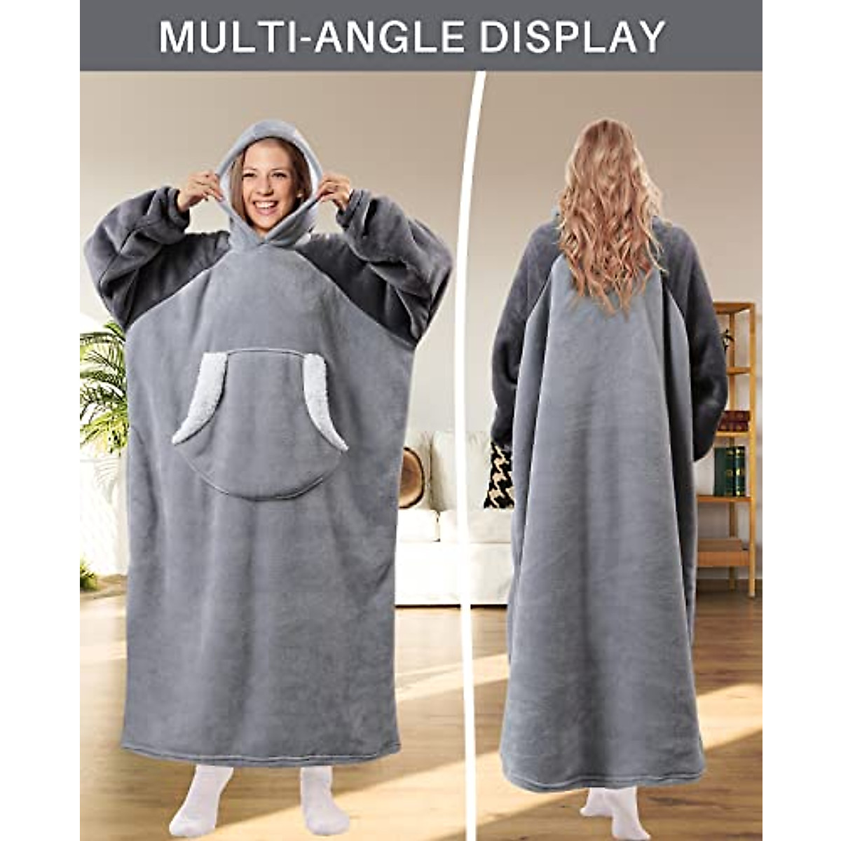 Blanket Hoodie Oversize Huge Hooded Blanket Sweatshirt with Deep Pockets and Elastic Sleeves, Women's Men's Fleece Lamb Fleece Soft Warm Comfortable Blanket Jacket Sweater Gift Adult Youth One Size