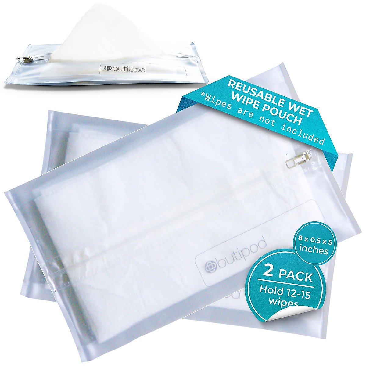Butipods Reusable Travel Wipes Case - Portable Moisture-Retaining Pouch, Slim Holder and Convenient Container for Diaper Bag, Dispenser for Hand, Face, Makeup Removal, and Wet Wipes - Set of 2 (Clear)