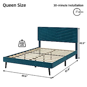 Homhougo Queen Size Bed Frame with Adjustable Headboard, Velvet Upholstered Platform Bed with Solid Wood Slats Support, No Box Spring Needed, Noise-Free, Green