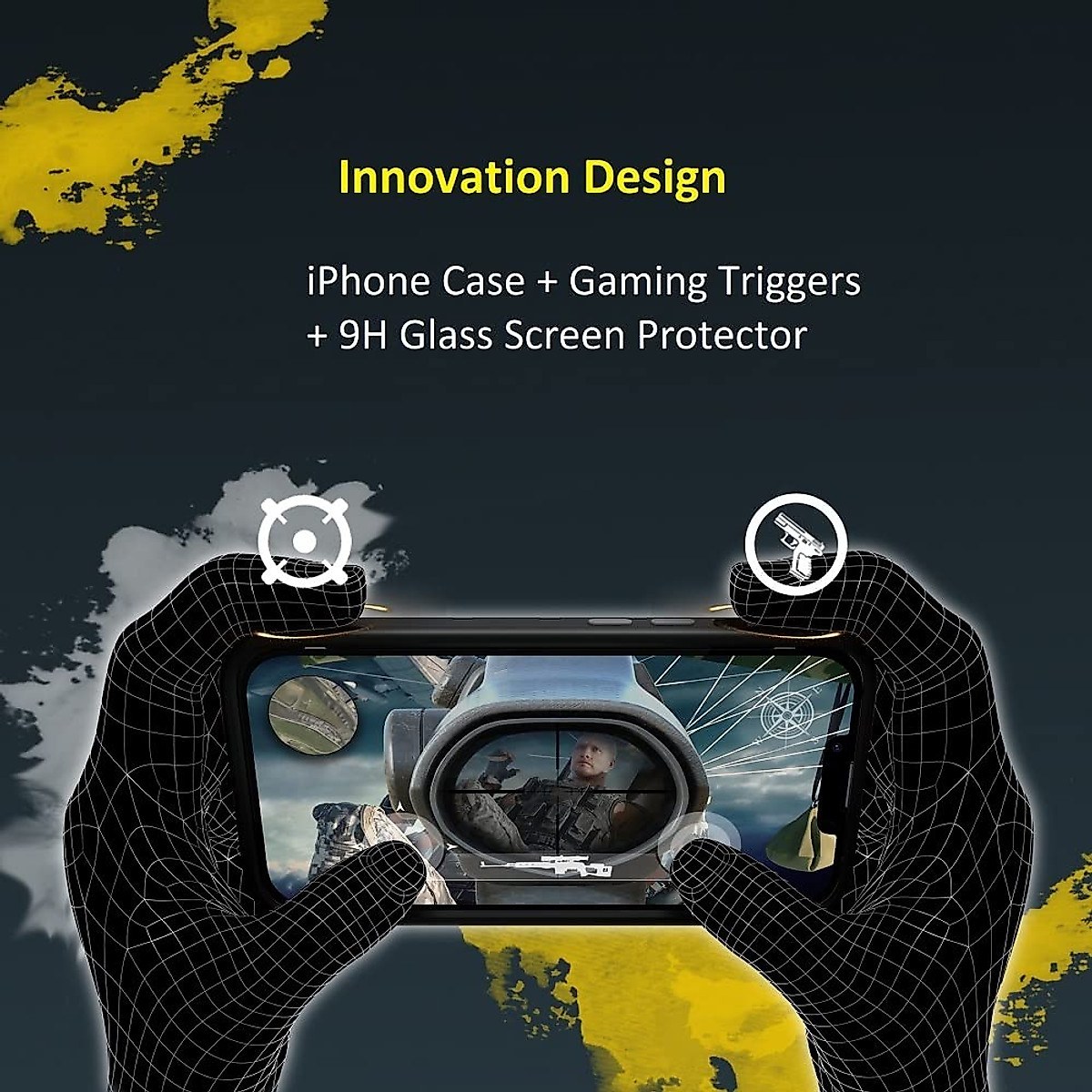 iPhone 13 Pro Mobile Gaming Triggers Controller Case and Gaming Glass (Screen Protector) for PURG/Sniper/Fortnitee/Call of Duty and other shooting games