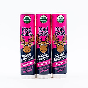 Mad Gab's Moose Smooch Raspberry Lip Balm, Mother's Day Gift, Moisturizing and Certified Organic, Made with Organic Olive Oil and Beeswax, 3 pack Gift Set
