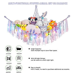 LONCHDAN Stuffed Animal Hammock, Stuffed Animal net or Hammock with LED Hammock for Stuffed Animals Storage Macrame Netting Plushie Hanging Corner for Nursery Bedroom (Purple)
