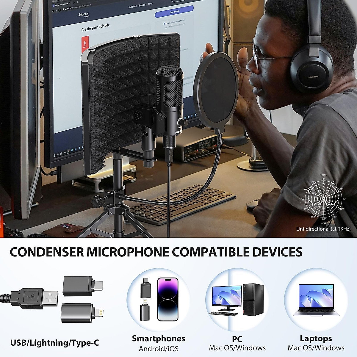 Studio Recording Microphone Isolation Shield with Pop Filter &Tri-Stand Kit Music Recording USB Condenser Mics to Laptop Pc Mac Phone Equipment for Singing Song