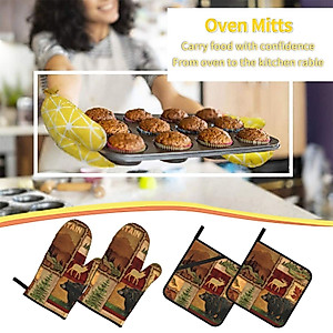 Msacrh Lodge Style Northwoods Cabin Oven Mitts and Pot Holders Sets of 4,Cotton Lining with Non-Slip Hot Pads,Heat Resistant Oven Gloves for Kitchen,Cooking,Baking,Grilling