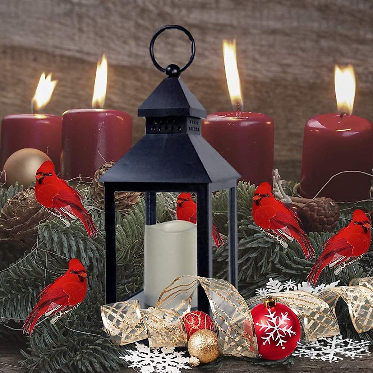 Christmas Cardinal Floral Red Artificial Feathered Birds on a Iron Wire Xmas Tree Ornaments Craft Decorations for Home Garden Wedding Decor Pack of 6