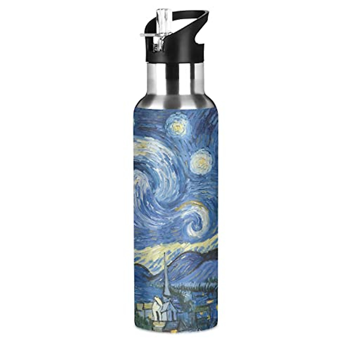 Qilmy Starry Night Sport Water Bottle with Straw Lid Double Wall Vacuum Insulated Flask Stainless Steel Water Bottle 20 oz