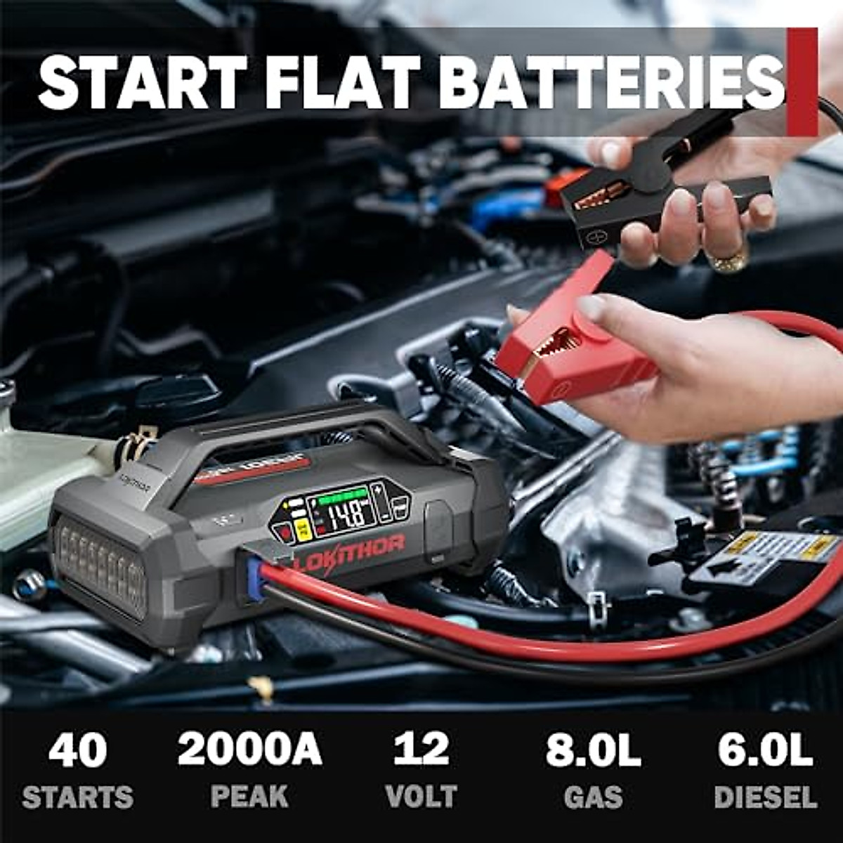 LOKITHOR JA301 Jump Starter with Air Compressor, 2000Amp 12V Portable Car Battery Booster Pack for Upto 8.0L Gas or 6.0L Diesel, 150 PSI Tire Inflator with Digital Screen, 30 Months Ultra-Long Standby