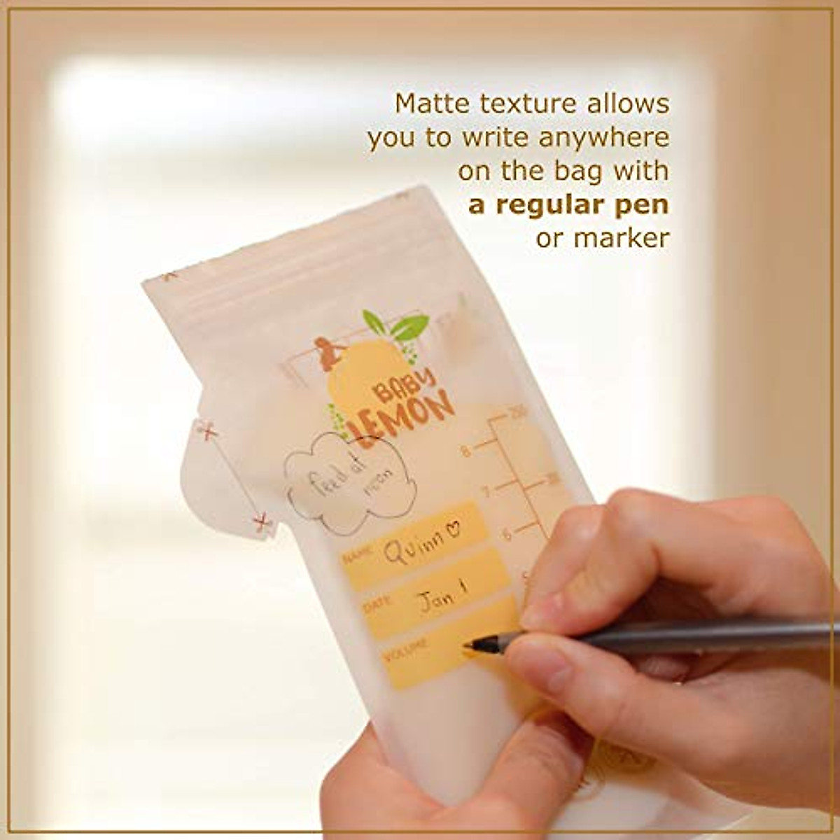Baby Lemon Breast Milk Storage Bags with Spout - 8 oz, 100 Bags, Extra Thick, Leak Proof, Pre-sterilized, Ready to Use, BPA Free, Easy Write Material