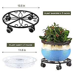 5 Pack Plant Caddy with Wheels Heavy Duty 13.5 Inches Metal Plant Stand with Wheels Plant Dolly Rolling Plant Stand Plant Roller with Casters for Indoor and Outdoor, Black