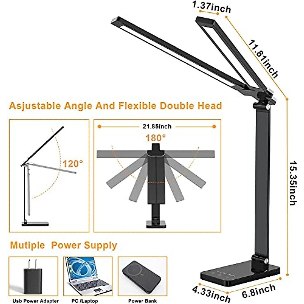 YUNSOVA LED Desk Lamp for Home Office, Double Head Desk Light, 5 Color Modes , 6 Brightness Levels, Touch Control, USB Charging Port, Auto Timer, Eye-Caring dimmable Table Lamp for Reading Study