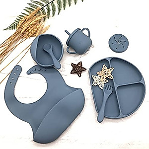 K-Universal Baby Feeding Bibs | 8pc Silicone Bibs for Babies | Bib Bowl Plate Cup Fork Spoon | Adjustable Divided Plate | Easily Wipe Clean | Less Cleaning Time After Toddler & Babies (Bubbly blue)