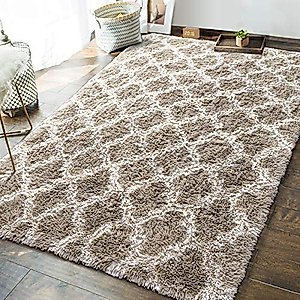 Andecor Geometric Bedroom Rugs, 4 x 6 Feet Shaggy Area Rug Mordern Indoors for Living Room Girls Boys Kids Room Dorm Nursery Home Holiday Decor Floor Carpet, Camel & White