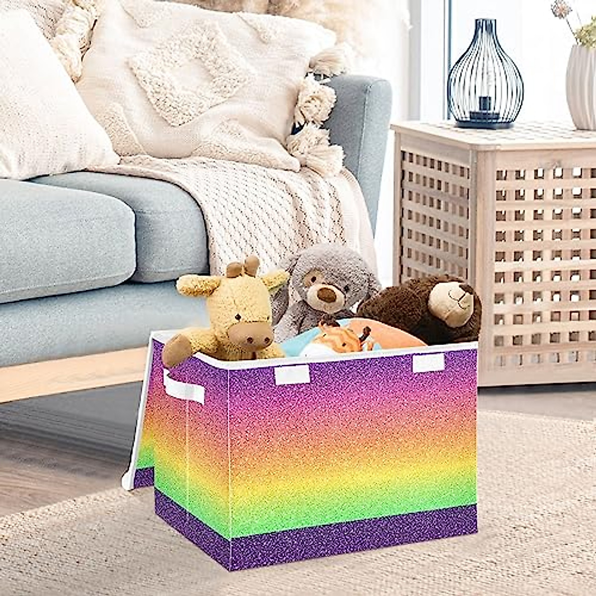 Krafig Rainbow Glitter Decorative Storage Box with Lid Large Bins Baskets Foldable Cube Organizer Collapsible Containers for Organizing, Toy, Home, Shelf, Closet