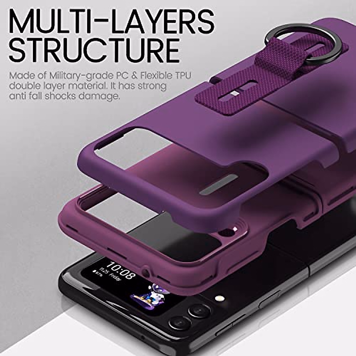 Z Flip 3 Case with Ring Holder Samsung Galaxy Z Flip 3 5G Cover Silicone Slim Dual Layer [ Upgraded ] Protection Shockproof - Purple