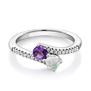 Gem Stone King 925 Sterling Silver Purple Amethyst and White Opal Bypass Ring For Women (0.74 Cttw, Gemstone February Birthstone, Round 4MM, Available In Size 5, 6, 7, 8, 9)