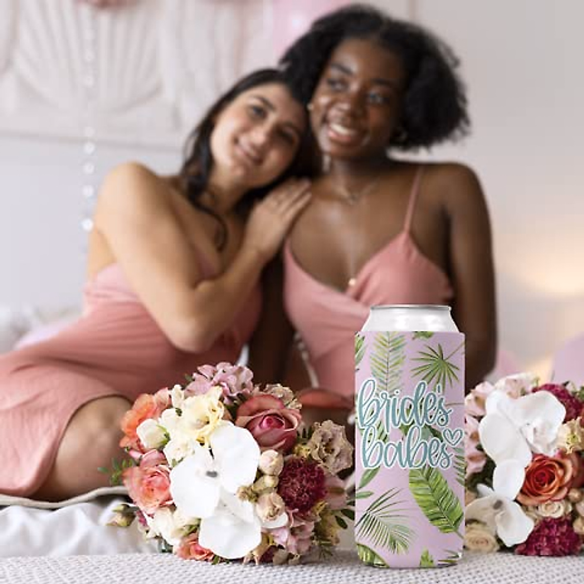 Bride and Brides Babes Hugger Set of 10, Can Cooler Sleeves- Bridal Shower Cooler Sleeves for Bridesmaids and Bride To Be Hugger, Skinny Bachelorette Coozies, 12oz, Slim Can Hugger Bachelorette