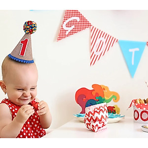 WAHAWU 1st Birthday Party Cone Hat - First Birthday Party Hat, Birthday Hats for Kids, Baby Girls/boys Birthday Cone Hat, Colored Fur Balls Hat, Party Photo Prop