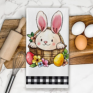 Seliem Easter Bunny Rabbit Kitchen Dish Towel Set of 2, Cute Eggs Flowers Hand Towel Black White Buffalo Plaid Check Drying Baking Cooking Cloth, Funny Spring Holiday Kitchen Decor 18x26 Inches