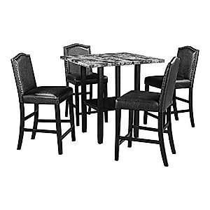 Dinehome 5-Piece Kitchen Dining Set Faux Marble Tabletop Counter Height Table with Bottom Shelf Leather Upholstered Chairs for 4 Persons, Black+Gray