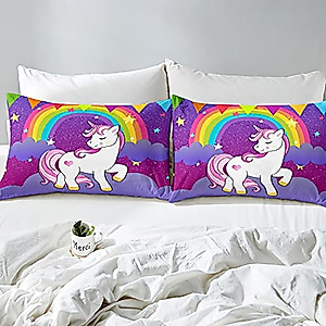 Girls Unicorn Comforter Set Twin Girls Bedding Set Cute Rainbow Unicorn Print Down Comforter Kids Cartoon Kawaii Duvet Set Galaxy Stars Fantasy Girls Room Decor Children Unicorn Reversible Purple