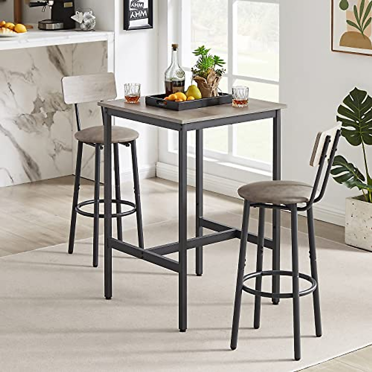 CALABASH 3-Piece Bar Table and Chairs Set for Small Space, Bar Set with Square Table and PU Stools, Coffee Table Set for 2,Breakfast Table with Footrest and for Home & Kitchen Dining Room(Grey)