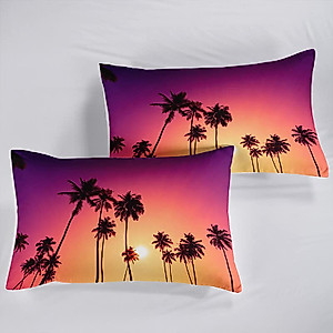 Jingzhang Ocean Duvet Cover Set 3Pcs Sunset Palm Trees Silhouette Bedding Sets with Zipper Dreamy Dusk Exotic Ocean Scenery Quilt Cover with 2 Pillow Shams,Queen Size