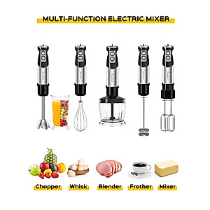 Handor 6-in-1 Hand Immersion Blender, 1000W 12 Speed Handheld Blender with 600ml Beaker, 500ml Chopper, Egg Whisk, Milk Frother, Stainless Steel Blades for Soup, Smoothie, Puree