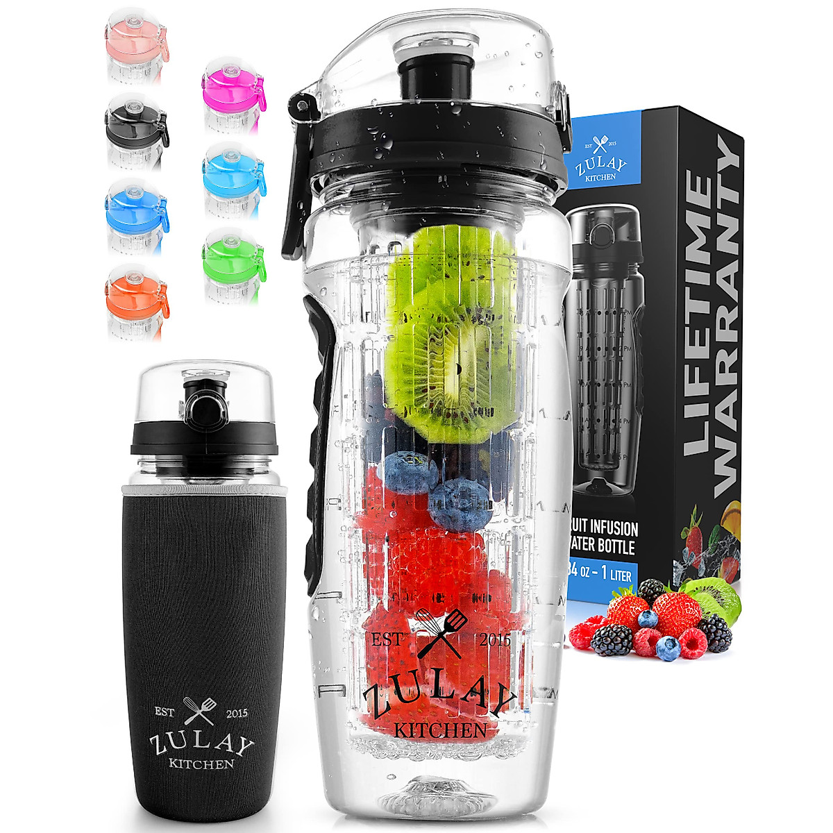 Zulay (34oz Capacity) Fruit Infuser Water Bottle with Sleeve - Anti-Slip Grip & Flip Top Lid Infused Water Bottles for Women & Men - Water Infusion Bottle - Onyx Black