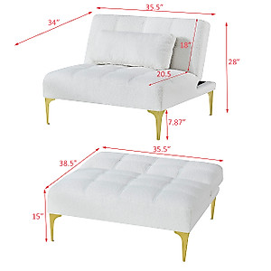 Polibi Modern Sofa Couch with Toss Pillows, Convertible Folding Sofa Bed with Adjustable Backrest and Golden Legs, Single Sofa Chair, Teddy Fabric, White