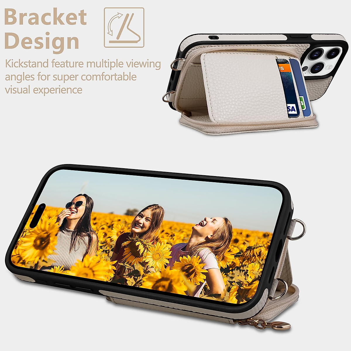 Keallce Compatible with iPhone 15 Pro Max 6.7 inch Case Wallet, Crossbody Zipper with RFID Blocking Card Slots Kickstand, Lanyard & Handstrap Flip Leather Cover for iPhone 15 Pro Max 2023, Beige