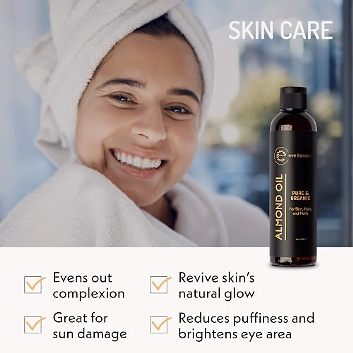 Eve Hansen Organic Sweet Almond Oil for Skin | (8 oz) Hair Growth Oil, Body Oil for Dry Skin, Carrier Oil for Essential Oils | Massage Oil, Organic Face Moisturizer for Skin, Hair Oil and Nail Oil