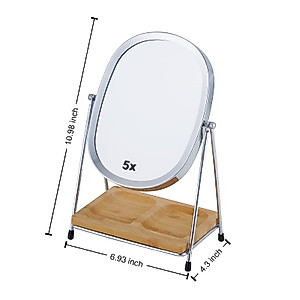 JOYOEIKON Tabletop 5x/1x Magnifying Makeup Mirror with Squared Bamboo Tray Small Desk Mirror 360° Rotation Vanity Mirror with Stand Desktop Cosmetic Mirror