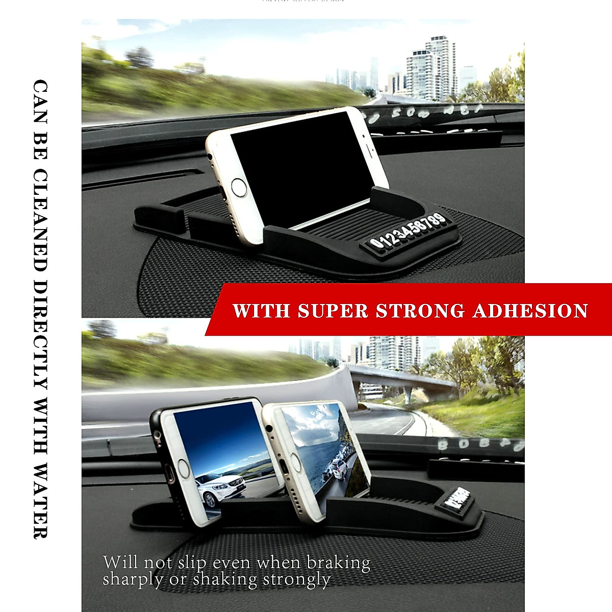 Car Dashboard Cell Phone Holder Anti-Slip Pad Double-Groove with Number Plate Auto Silicon Tray, Car Dashboard Accessories for Phone GPS Keychains Sunglasses Mat