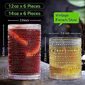Vintage Hobnail Drinking Glasses Set of 12 - 14 oz Old Fashioned Water Glass Cups & 12 oz Cocktail Glasses, Aesthetic Kitchen Bar Tumbler Glassware Gifts Sets for Smoothie, Juice, Coffee, Soda, Wine