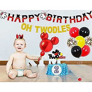2nd Mouse Birthday Party Supplies Decorations 57Pcs - HAPPY BIRTHDAY Banner OH TWODLES Banner '2' Foil Balloon Balloons Hat Door Sign Cupcake Toppers Birthday Decorations for Boys Girls Kids Babies