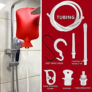 2 L Enema Bag ，Coffee Enema Bag Kit with 5.0 ft. Long Silicone Hose ,2 Multi-Size Reusable Tips, Controlable Water Flow Valve- Coffee, Shower, Douche & Home Adult Enema Kit（RED）