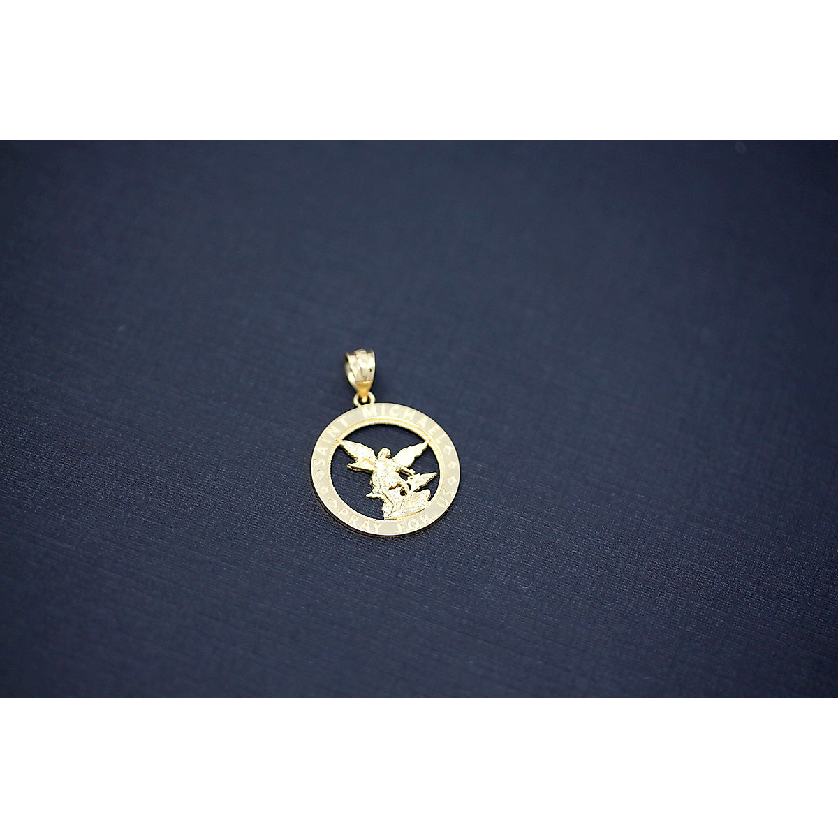 10k Saint Michael Pray for Us Charm Round Pendant in Yellow Gold