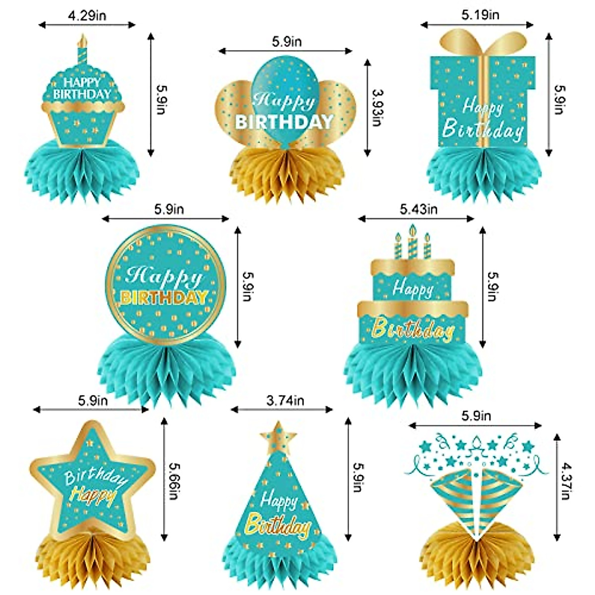 Teal and Gold Birthday Decorations Honeycomb Centerpiece for Women Girls, 8Pcs Breakfast Blue Gold Happy Birthday Table Centerpiece Party Supplies, 16th 21st 30th 40th 50th Birthday Table Topper Decor
