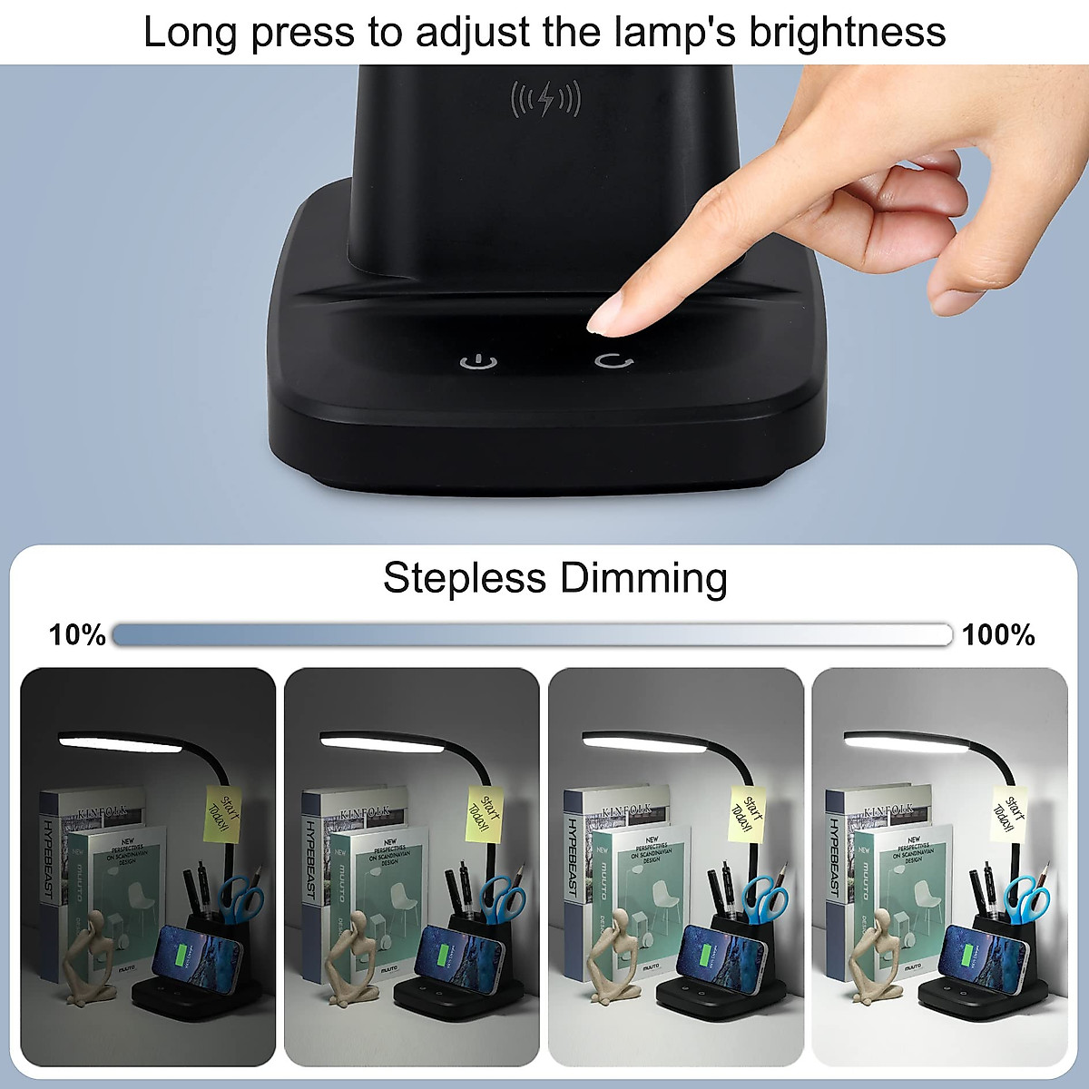 Sailstar LED Desk Lamp with Wireless Charger, Black Desks Lamp for Home Office, 3 Color Modes, Stepless Dimming, CRI 85, 800 Lumen, Study Lamp with Pen Holder for College Dorm Room, Adapter Included