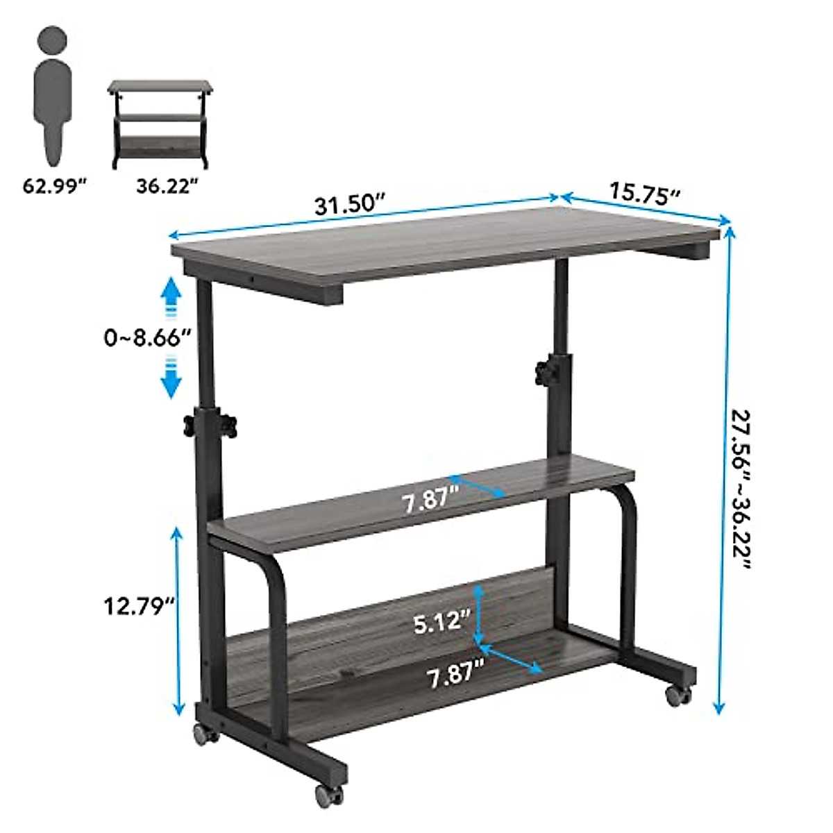 Tribesigns Small Portable Desk Side Table with Wheels, Height Adjustable Sofa Couch Bedside Laptop Table, Mobile Standing Computer Cart C Shaped Rolling TV Tray with Storage Shelves (Gray)