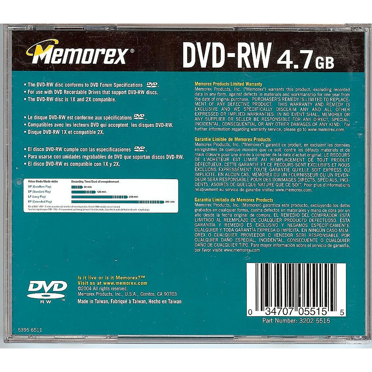 Memorex DVD-RW 4.7 GB data 1X - 2X or 120 minute video