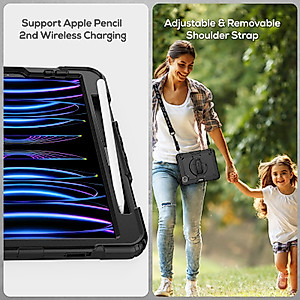 Timecity Case for iPad Pro 11 inch (1st, 2nd, 3rd, 4th Generation), Heavy Duty Rugged Protective Case with Built-in Screen Protector, Pencil Holder, 360 Rotating Stand&Handle, Shoulder Strap- Black