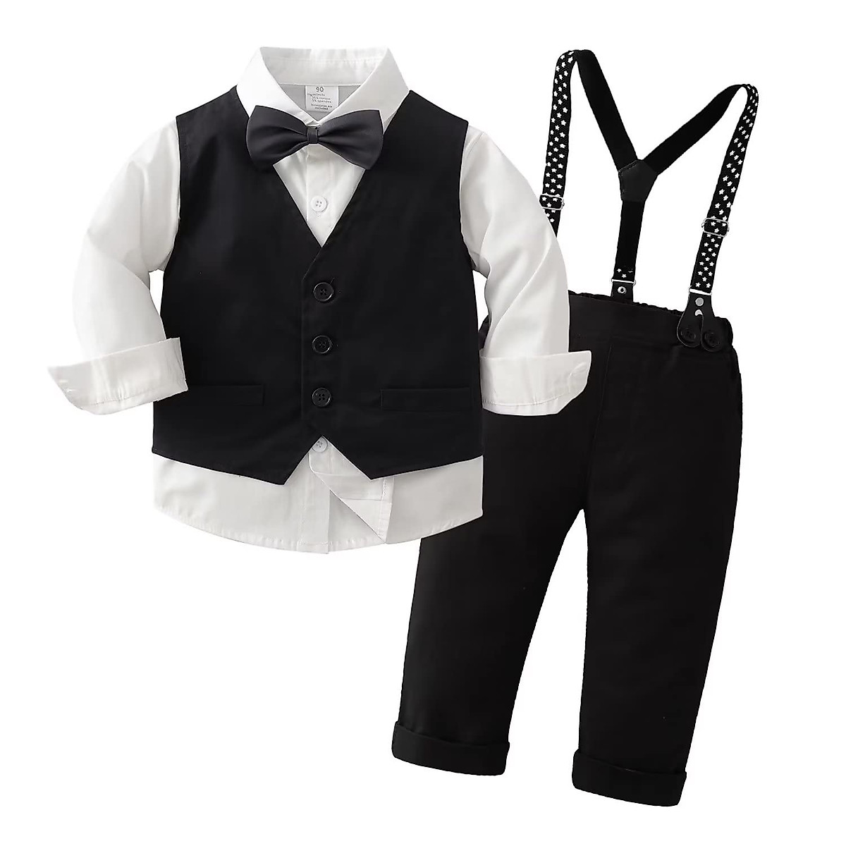 Baby Boys Long Sleeve Dress Shirt with Bowtie + Suspender Pants + Vest Gentleman Outfit for Infant Black 18-24M