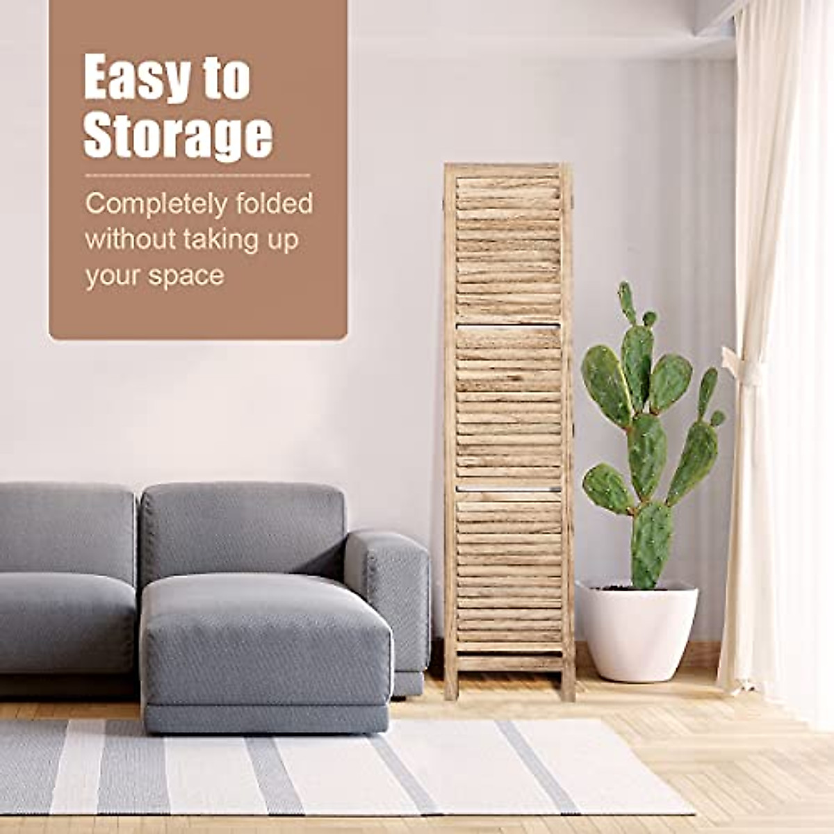 Vicluke 4 Panels Room Divider with 3 Removable Storage Shelves, 5.6 FT Folding Privacy Screen, Wood Portable Wall Divider for Home, Office, Restaurant(Natural)