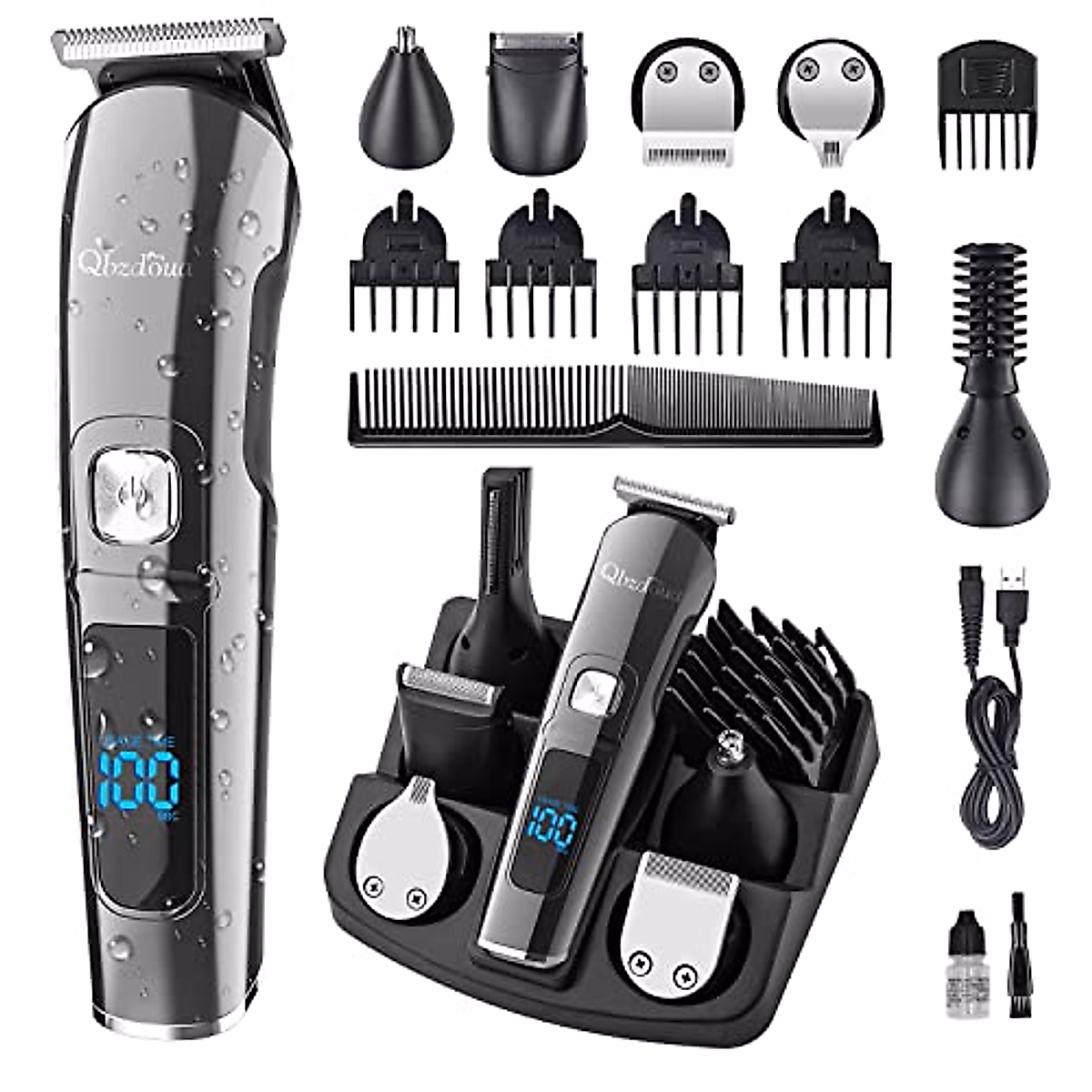 QBZDOUA Mens Hair Clipper Beard Trimmer Cordless Mens Grooming Kit Trimmer for Beard Head Face and Body Waterproof IPX7 LED Power Display