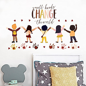 Mfault Inspirational Small Hands Change The World Handprint Wall Decals Stickers, Diversity Inclusion Equality Nursery Decorations Bedroom Playroom Classroom Art, Neutral Toddler Kids Room Decor