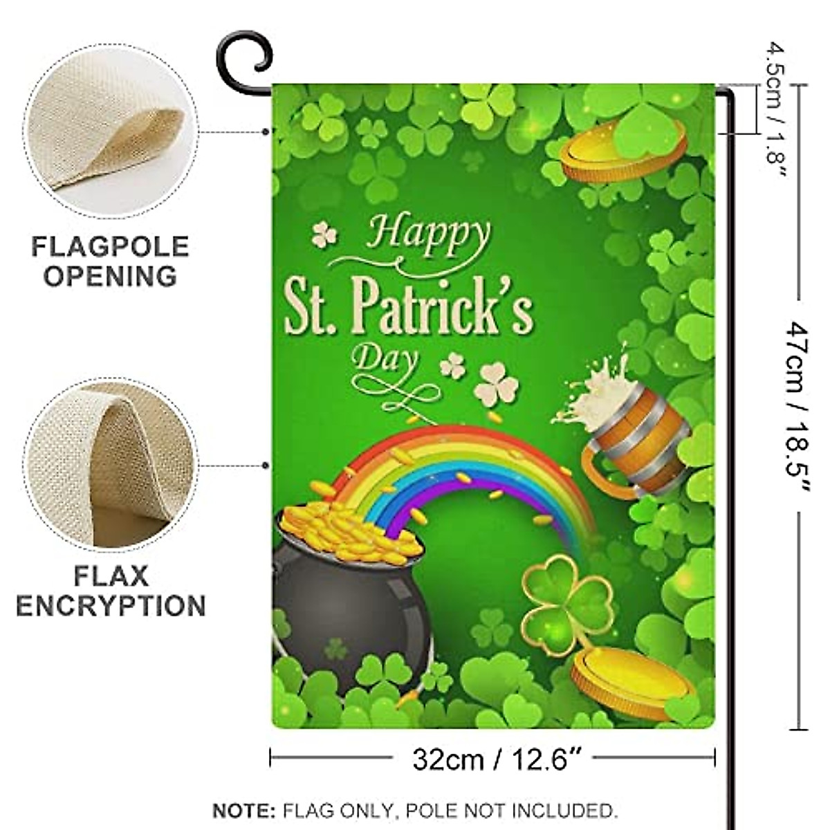 Happy St Patrick's Day Shamrock Spring Clover Lucky Rainbow Coin Pot House Flag 12.5" x 18" Double Sided Polyester Welcome Large Yard Garden Flag Banners for Patio Lawn Home Outdoor Decor-L33