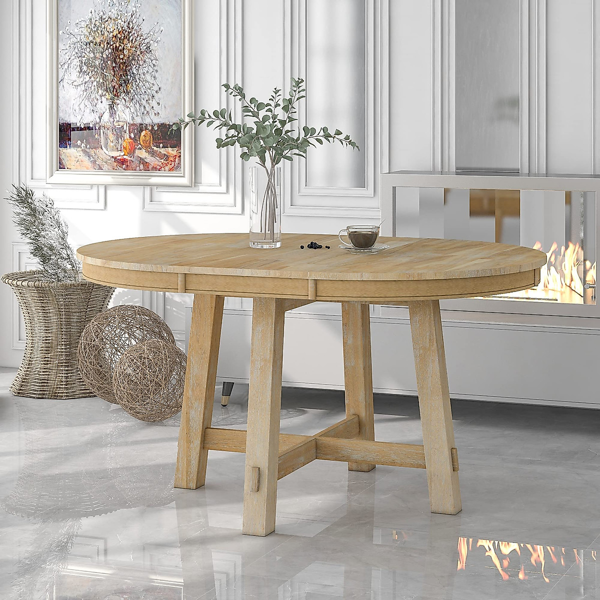 Voohek Round Extendable Dining Table, with 16" Traditional Rustic Drop Leaf, for Farmhouse Kitchen Room Decor, Natural Wood