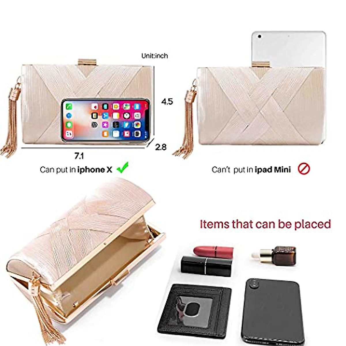 Yokawe Women's Evening Clutch Bag Stain Bridal Purse Wedding Prom Night out Party Handbag (Gold)